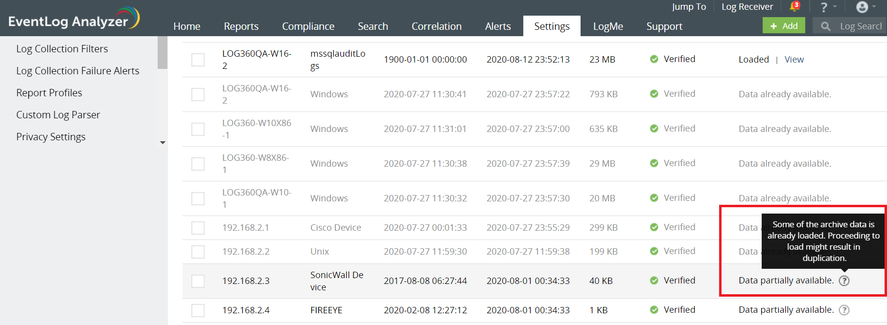 EventLog Analyzer - 設定 - アーカイブ