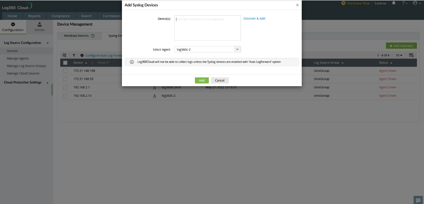 構成 - デバイス | Log360 Cloud