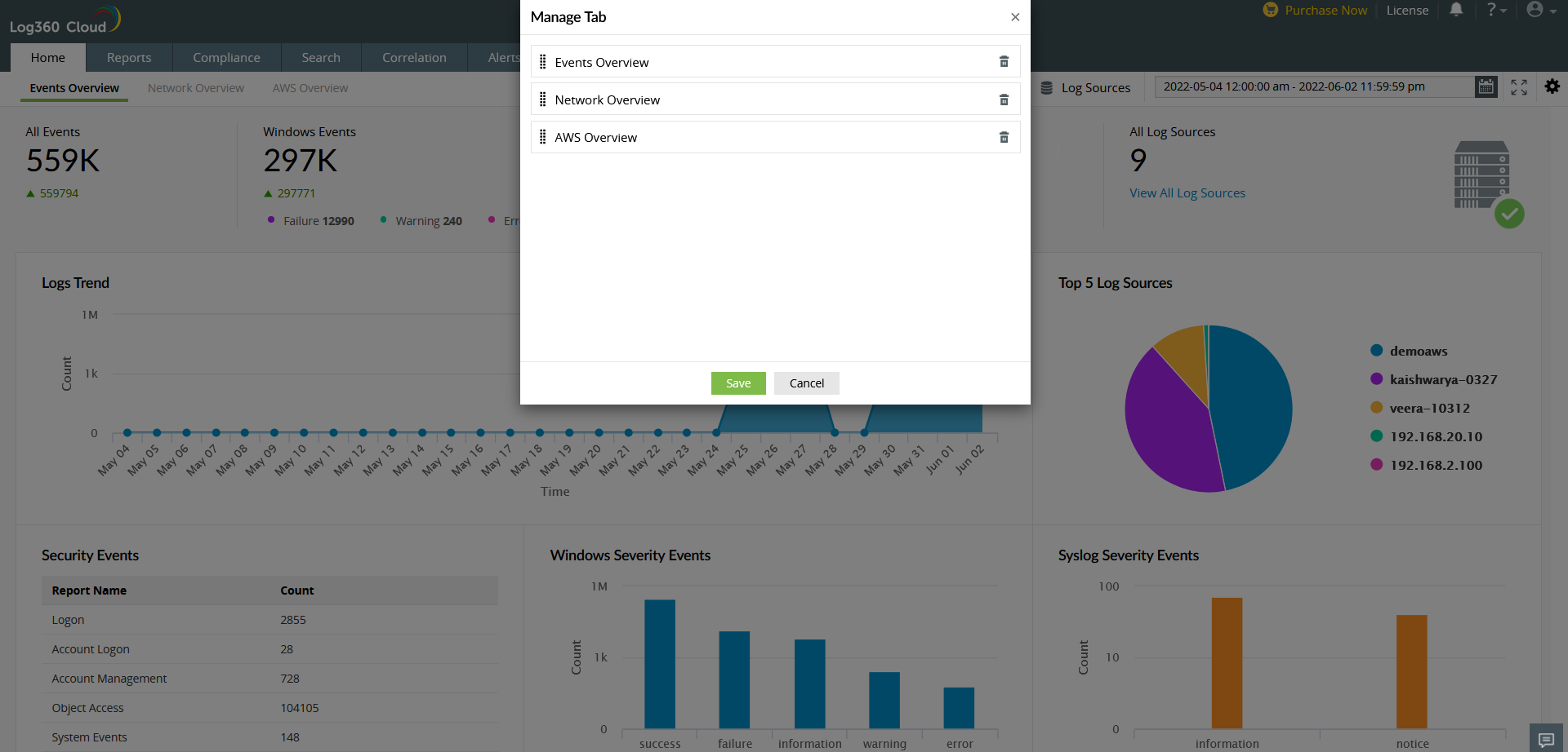 ダッシュボード | Log360 Cloud